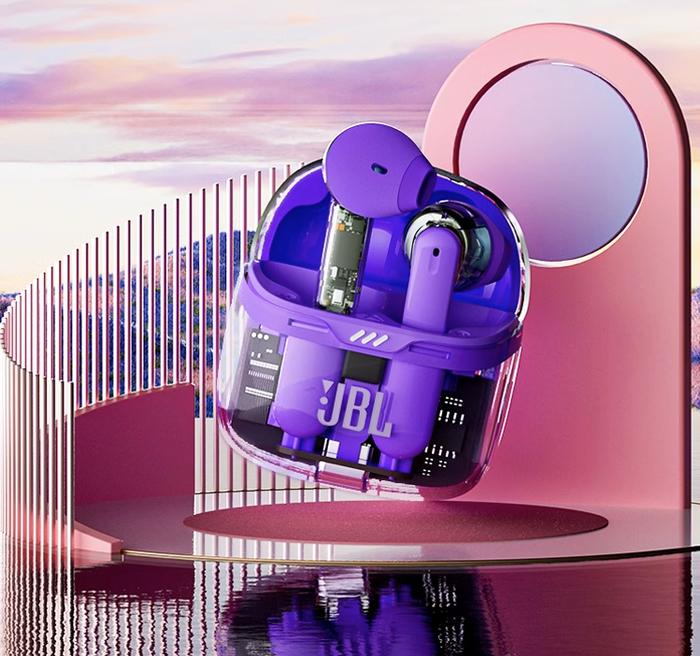 Active noise-canceling in-ear headphones or colorful small speakers ...