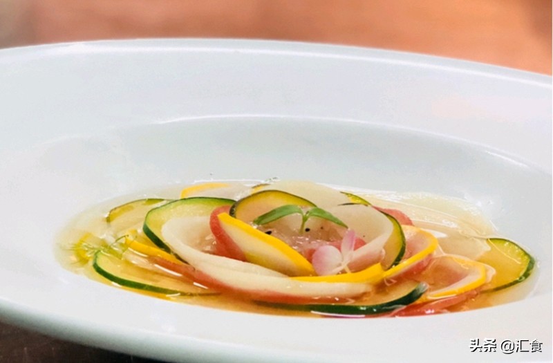 Arctic scallops with green bamboo shoots in fruit vinegar, seafood in ...